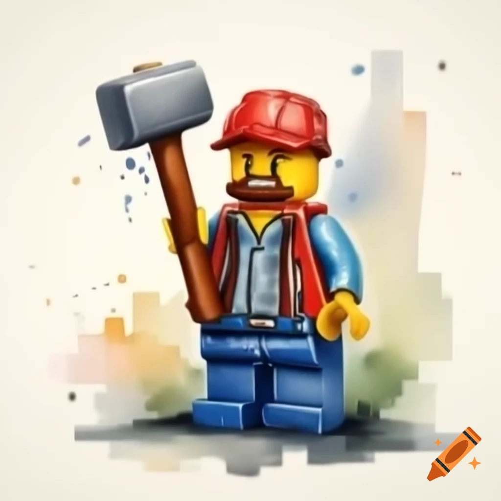 Cartoon Lego lumberjack standing on a Lego brick, hand drawn style on ...