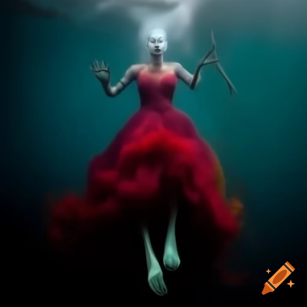 Translucent female figure floating, flickering between solid and mist ...