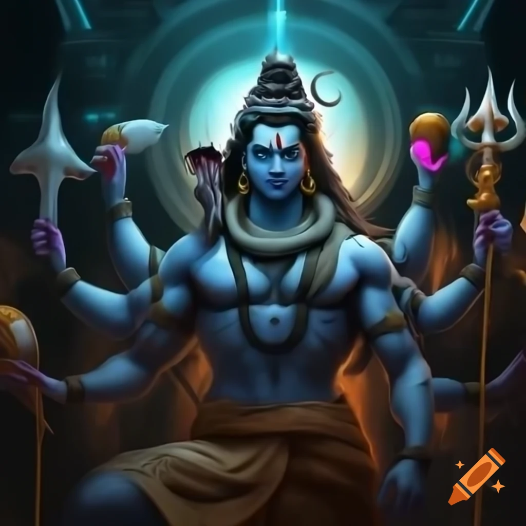 Lord shiva, vishnu, and brahma in futuristic setting with advanced technology and divine forms ...