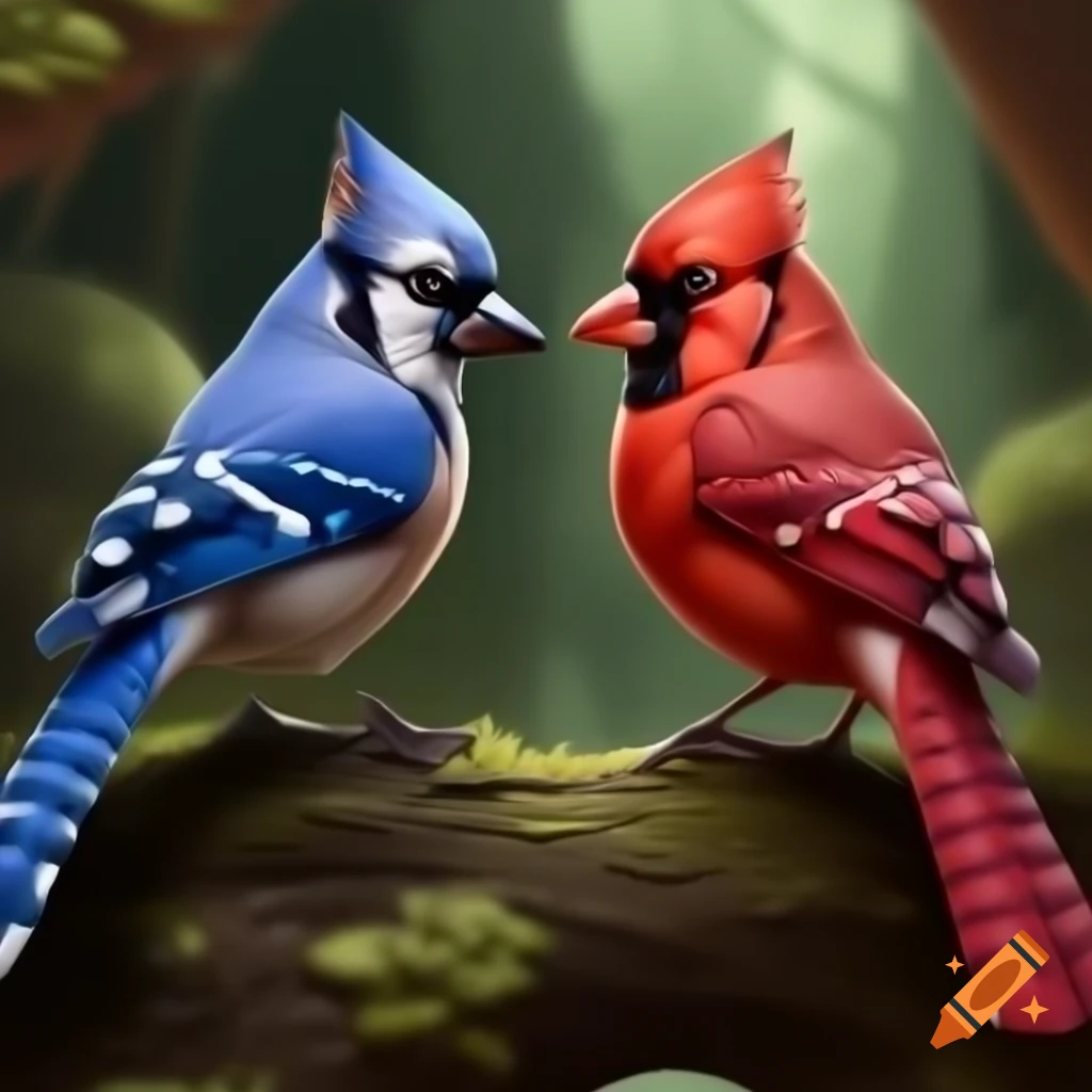 Hyperrealistic illustration of blue jay and red cardinal fighting in fantasy forest on Craiyon