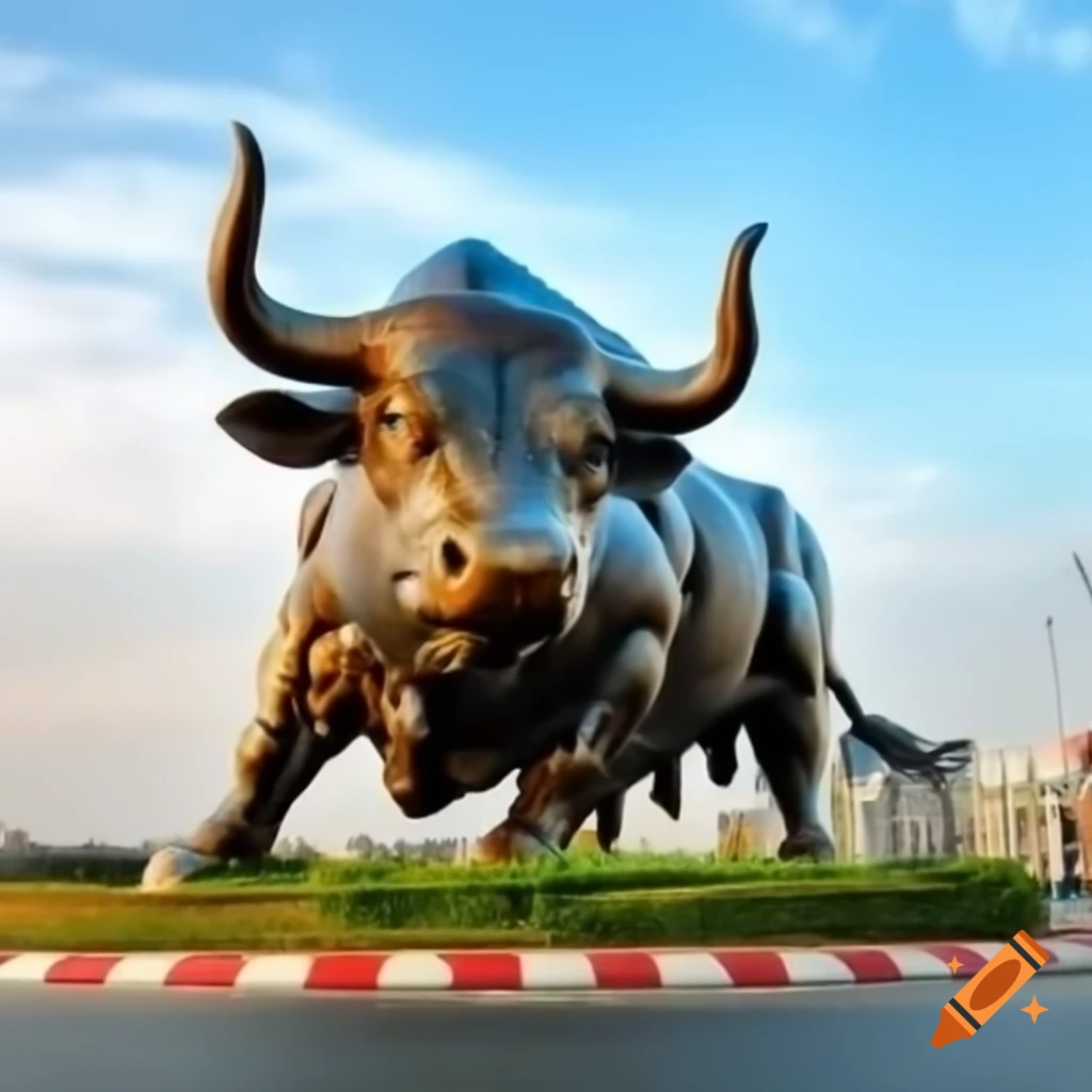 Large bull statue in traffic roundabout on Craiyon