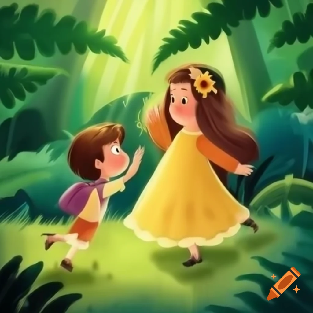 Children exploring sun-dappled forest with ferns, magical atmosphere on ...