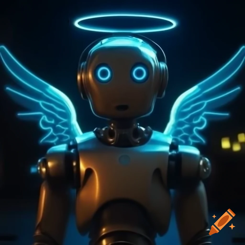 Angelic robot design featuring neon lights on Craiyon