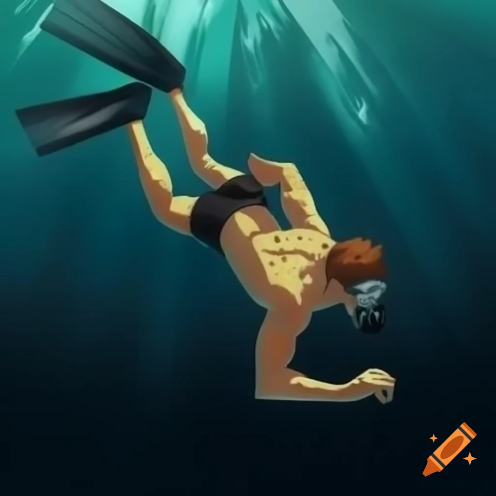Tall, muscular anime man scuba diving underwater on Craiyon
