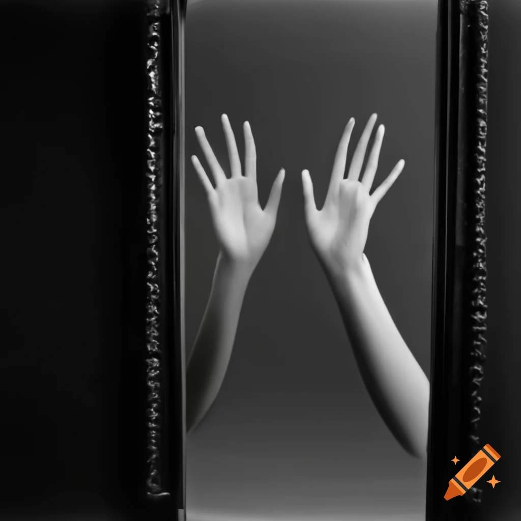 Photorealistic female hand with chrome skin reaching from mirror on Craiyon