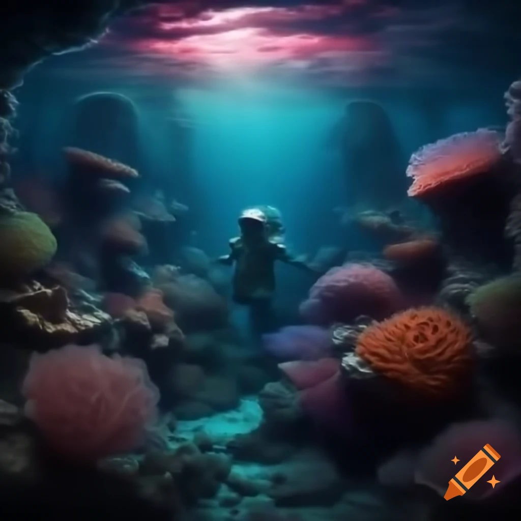 Deep sea scene with astronaut among vibrant coral reef, colorful underwater environment on Craiyon
