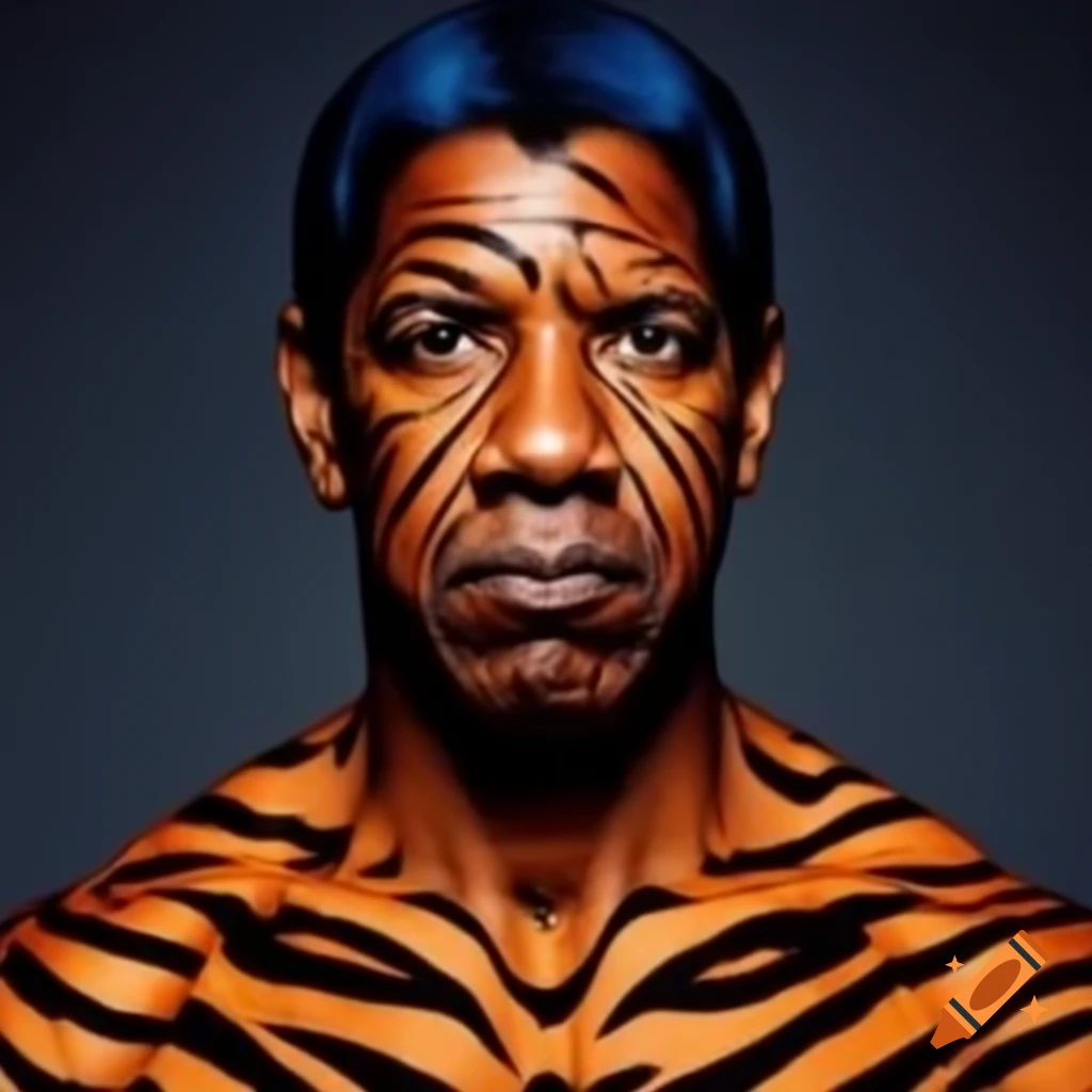 Muscular man with tiger-style makeup and colorful features on Craiyon
