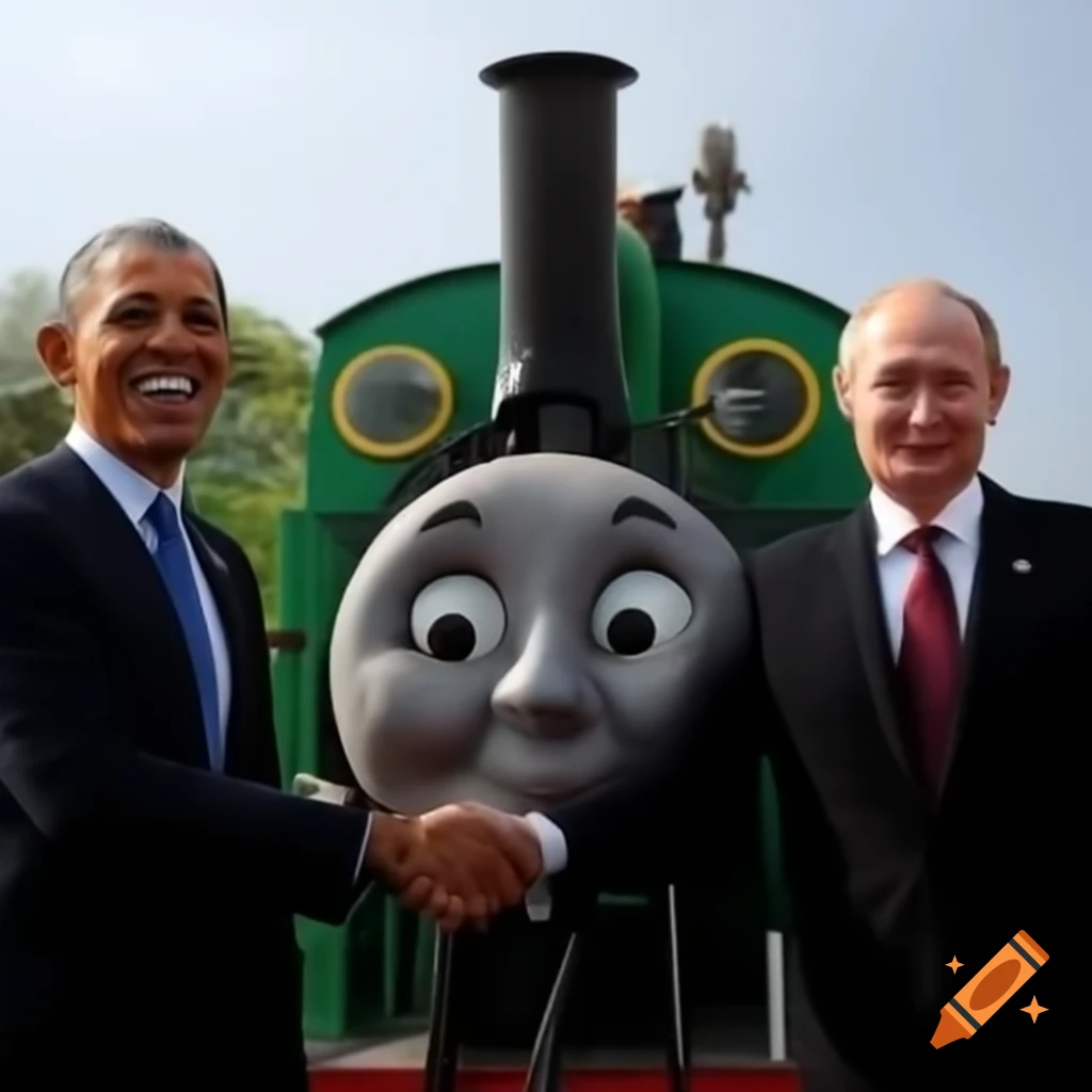 Political figures riding Thomas the Tank Engine with smiles and thumbs ...