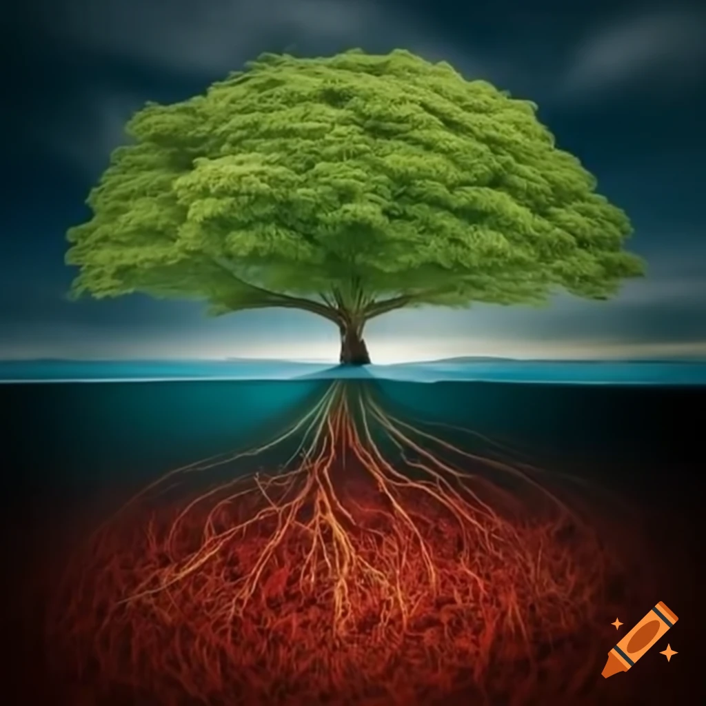 Tree of life with rounded roots, slender trunk, visible branches, and ...