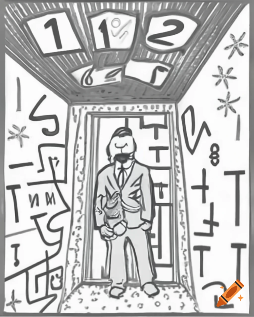 David Hilbert in building designed by Keith Haring featuring numbers and equations on Craiyon