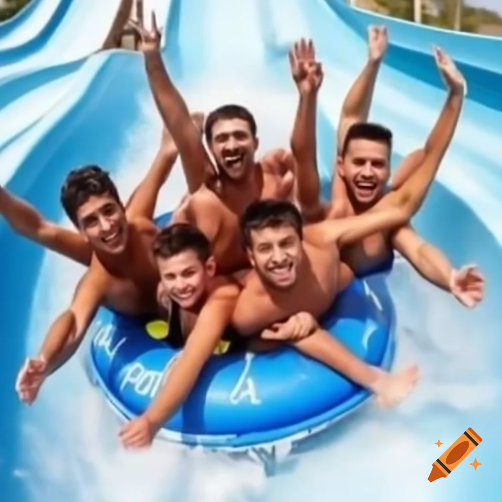 Group of young men in speedos enjoying fast water slide adventure on Craiyon