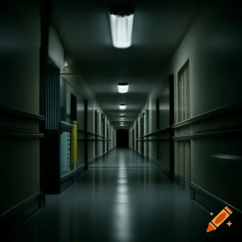 Vacant hospital with dim light, infinite aisles, and separated rooms on ...
