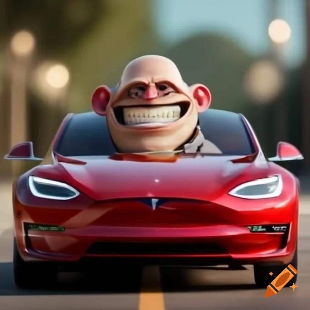 Bald man joyfully driving red tesla model 3 on Craiyon