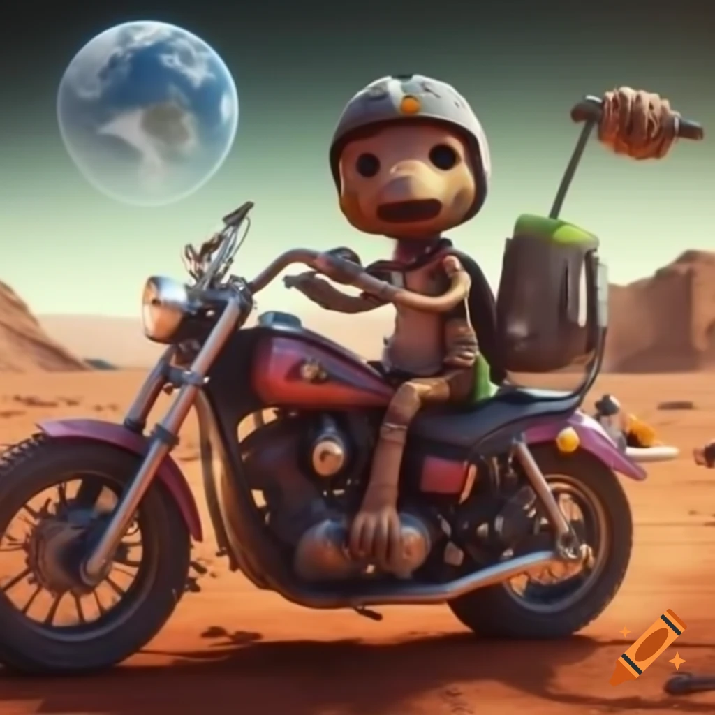 Juicy hotdog riding motorcycle on Mars with Earth in the background on ...
