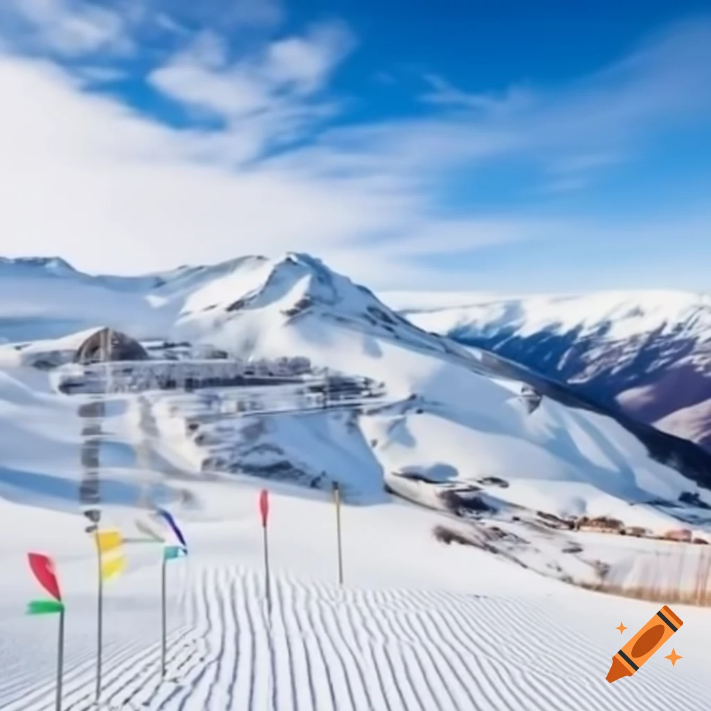 Luxury ski resort with colorful flags against icy mountain on Craiyon
