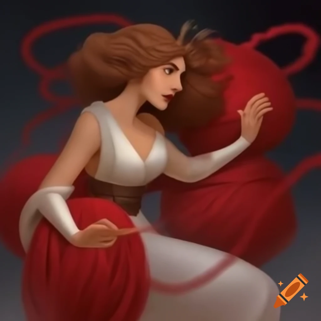Cartoon heroine Ariadne battles massive red yarn in Grecian gown on Craiyon