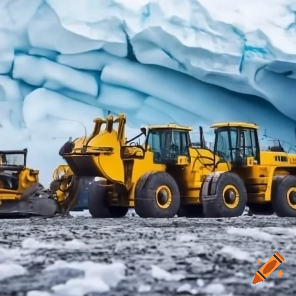 Yellow digging machines working on icy mountain surface on Craiyon