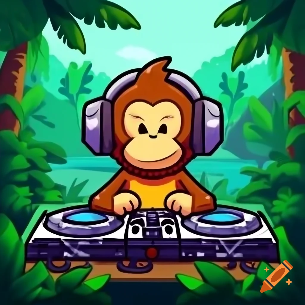 Monkey DJ mixing music in jungle, Scribblenauts graphic style on Craiyon