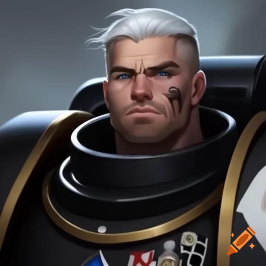 Black Templar Space Marine with square jaw and scars, blue eyes, white ...