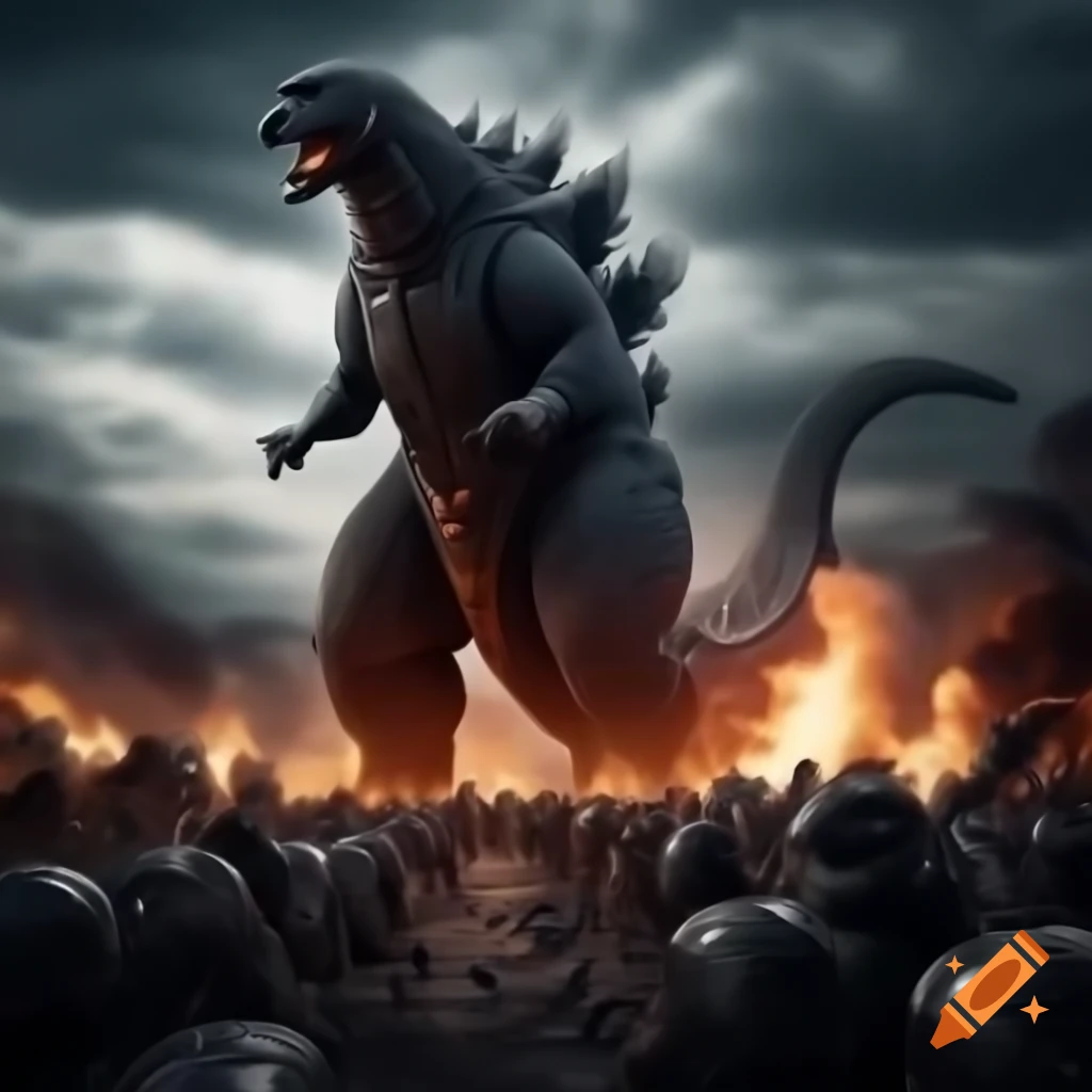 Colossal creature in 1950s film style attacking with immense power on ...