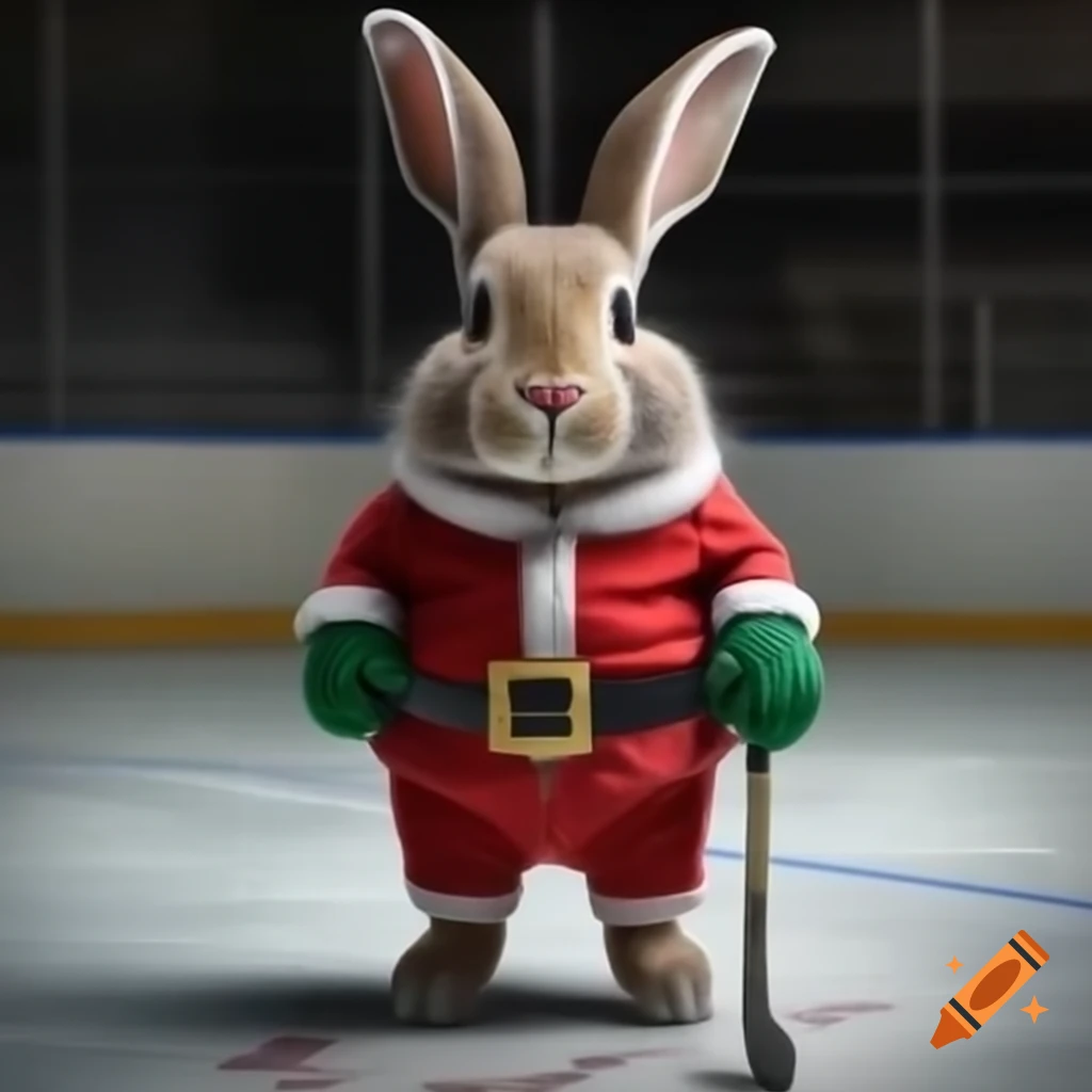 Human-sized rabbit in Santa Claus outfit on hockey rink on Craiyon