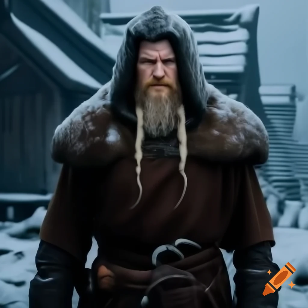 Medieval monk in brown robe hesitating in snow by Viking longhouse on ...