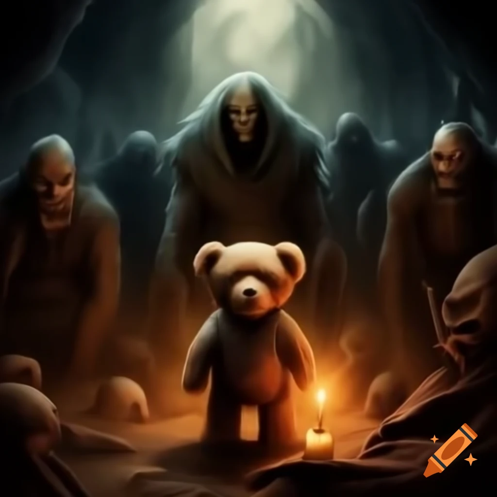 One-eyed teddy bear as a hero in zombie apocalypse holding a candle on ...