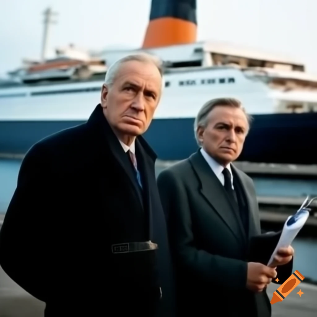 Detectives at dock observing tourists boarding a cruise liner on Craiyon