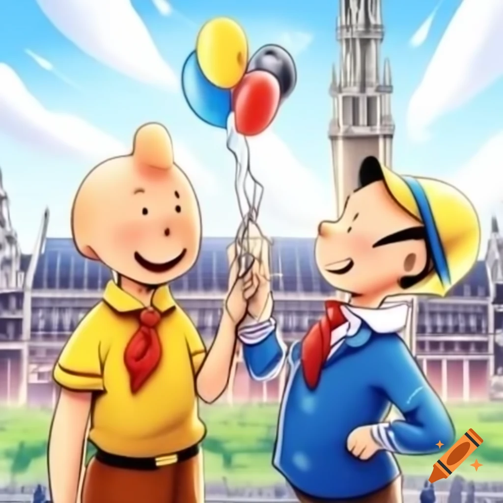 Tintin and Captain Haddock laughing with balloons in Grand Place ...