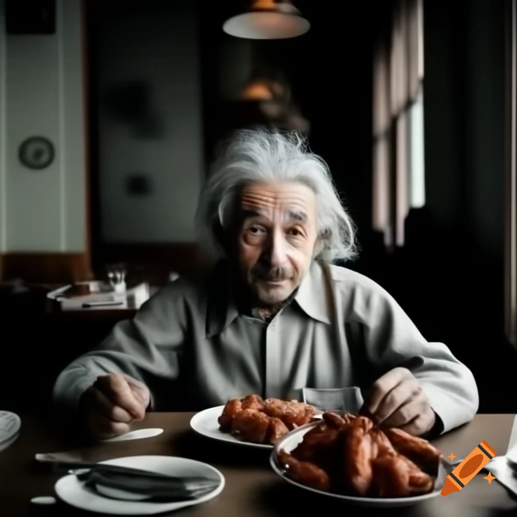 Albert Einstein smiling in restaurant with chicken wings on the table ...