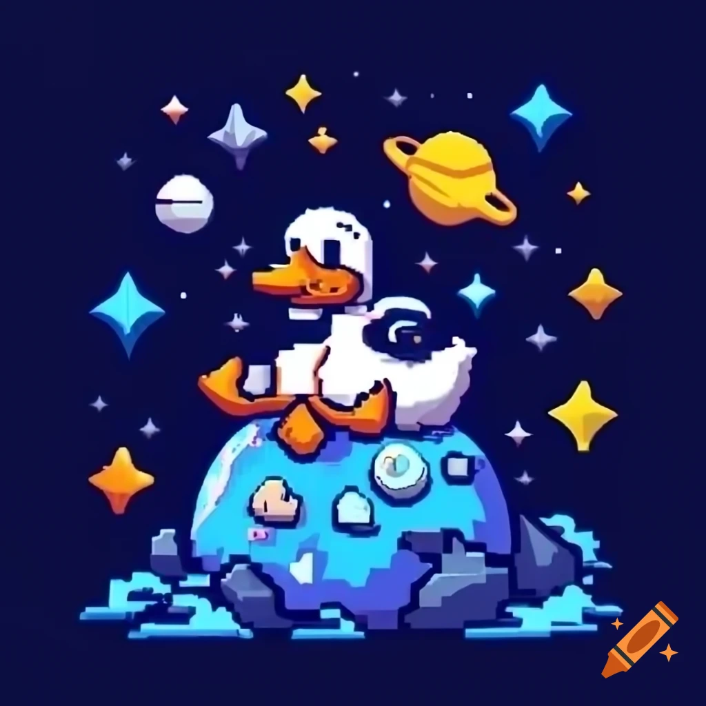 Cool duck in space holding gadget floating among stars and planets on ...