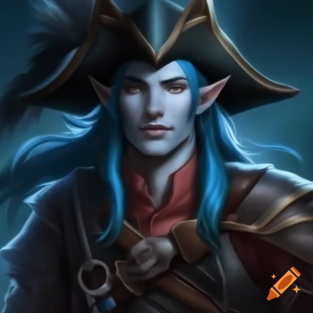 Portrait of sea elf swashbuckler with blue hair and pale skin in ...