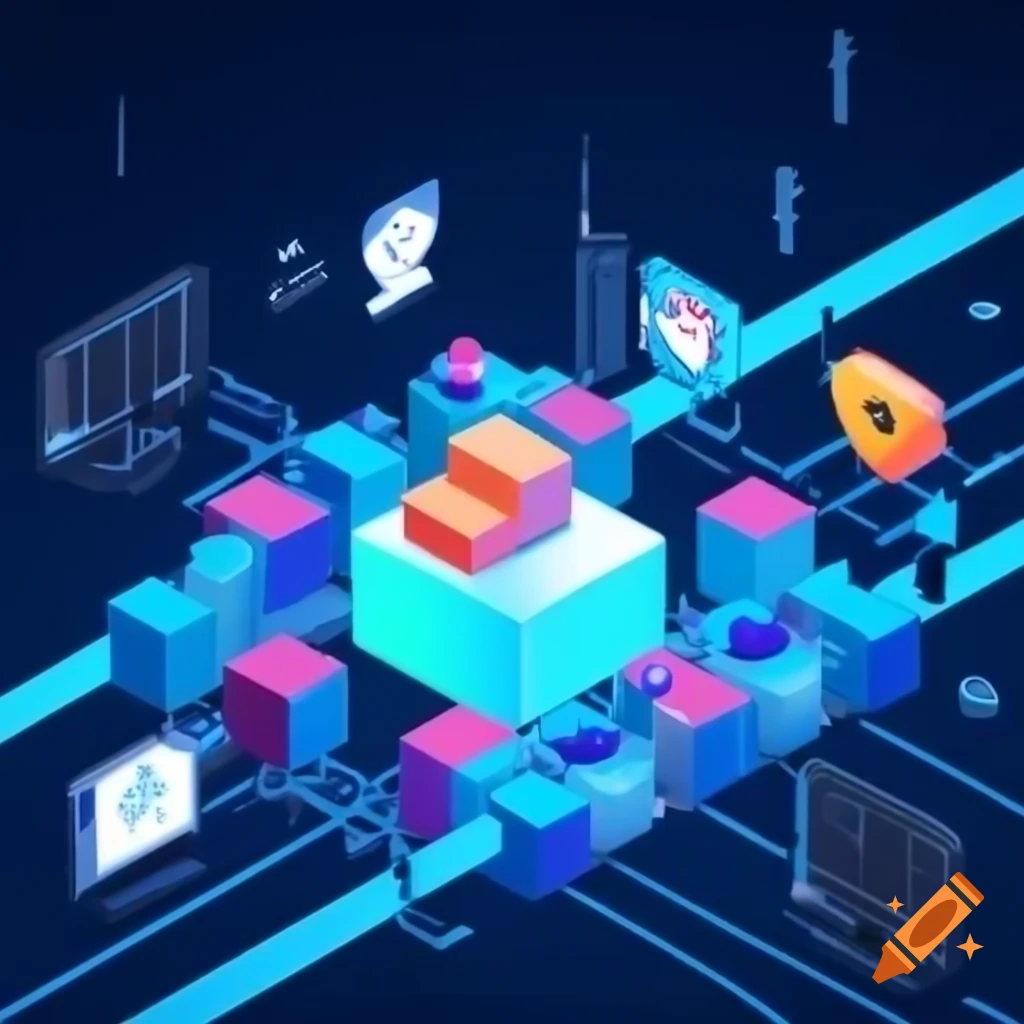 Illustration of software deployment process with code flow through stages on Craiyon