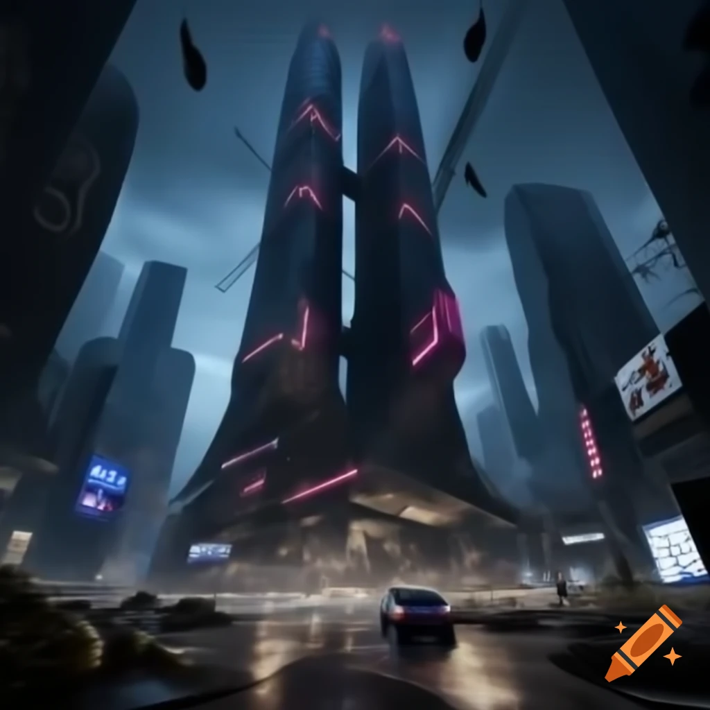 Blade runner cityscape at night with megastructure and flying cars on ...