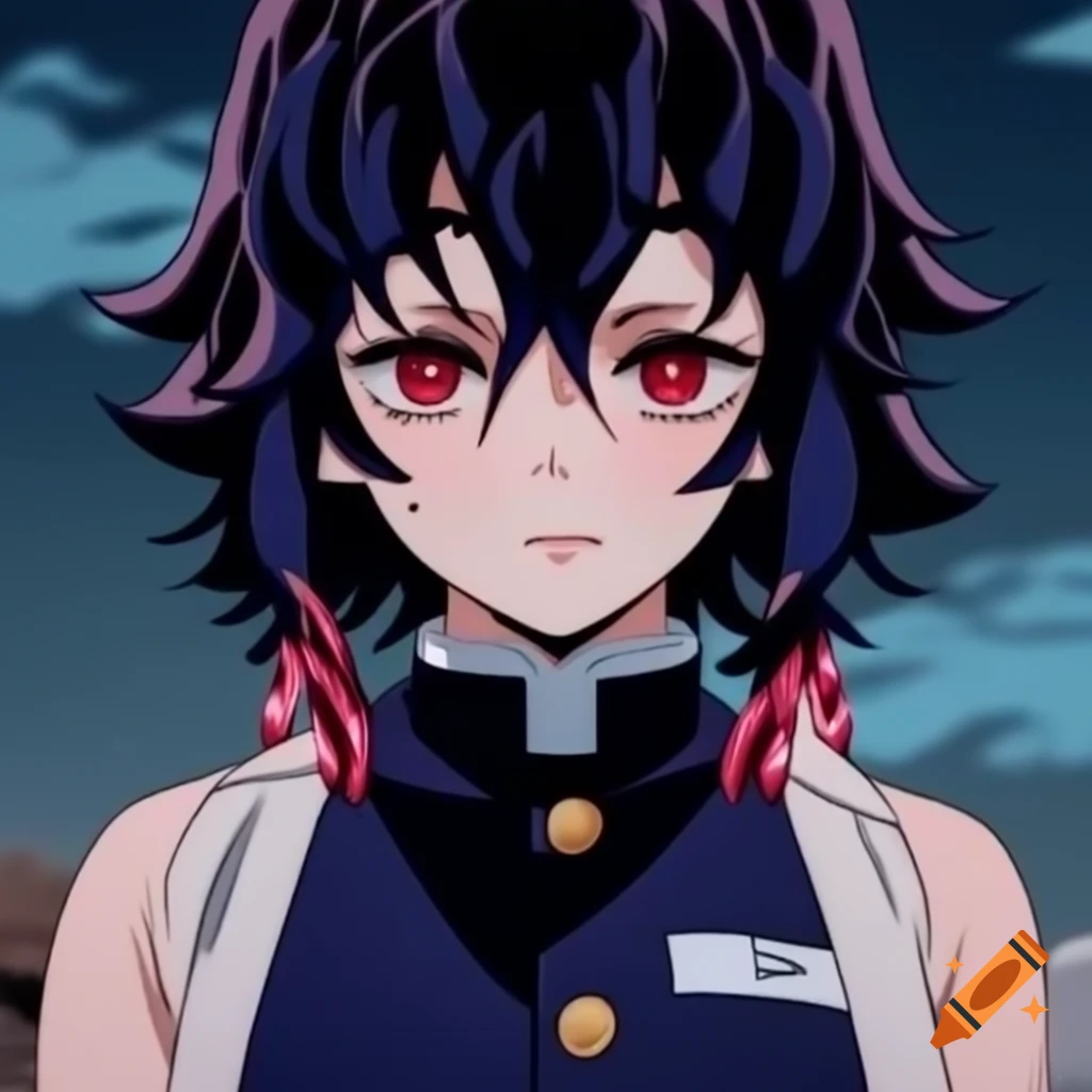 Anime girl in Hashira uniform with navy blue hair and dark red eyes on ...