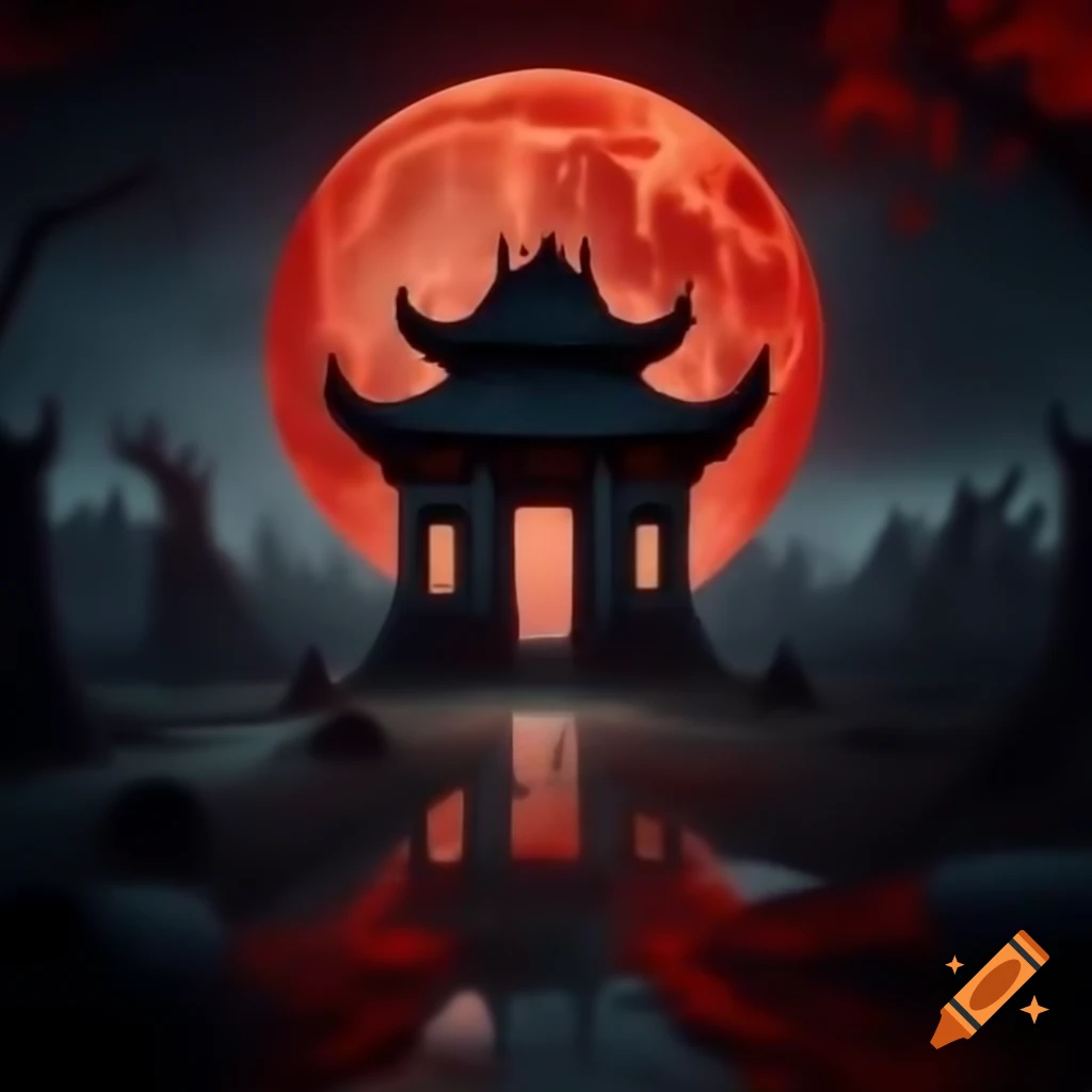 Derelict Daoist temple ruin under blood red moon, haunted atmosphere on ...