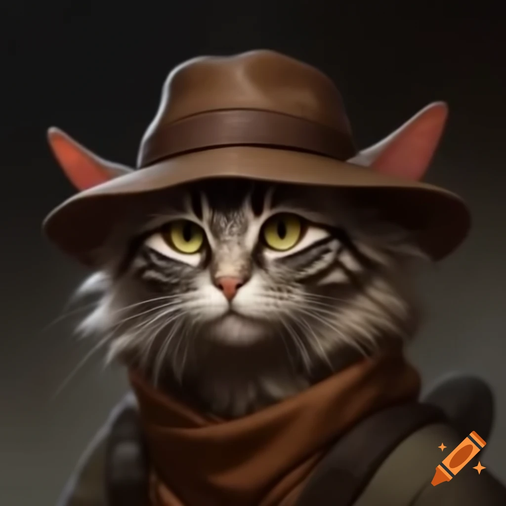 DND humanoid cat character in fedora and explorer outfit on Craiyon
