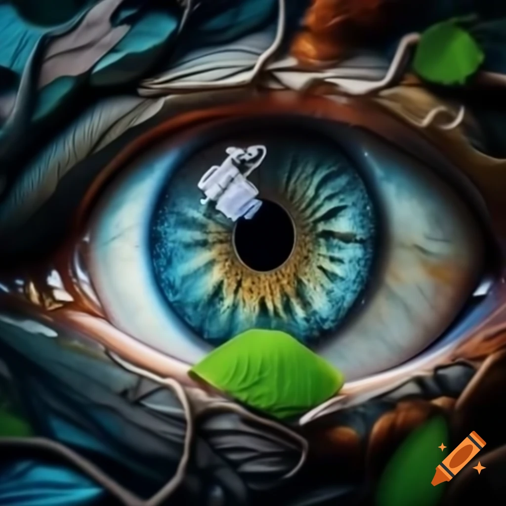 Complex fish-eye perspective illustrating nature intertwined with ...