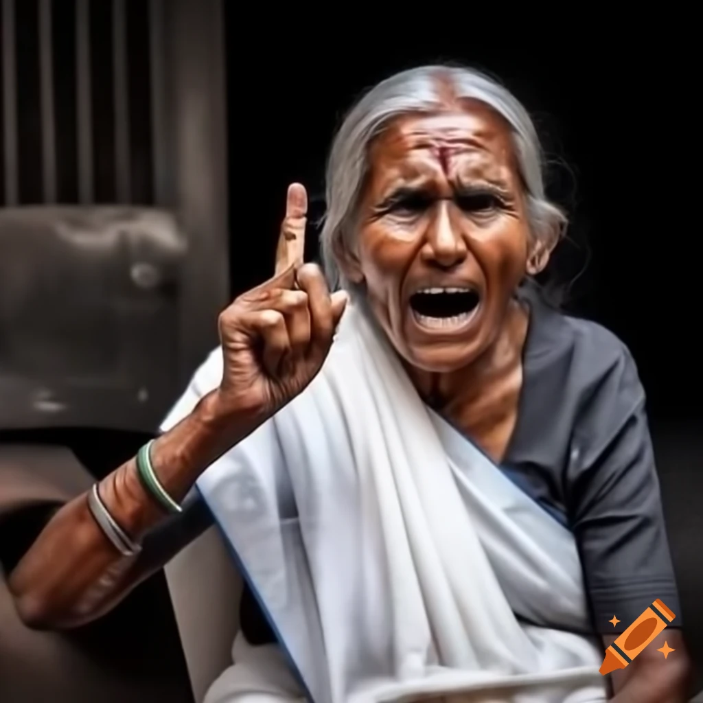 Angry elderly woman in white saree and black blouse pointing on Craiyon