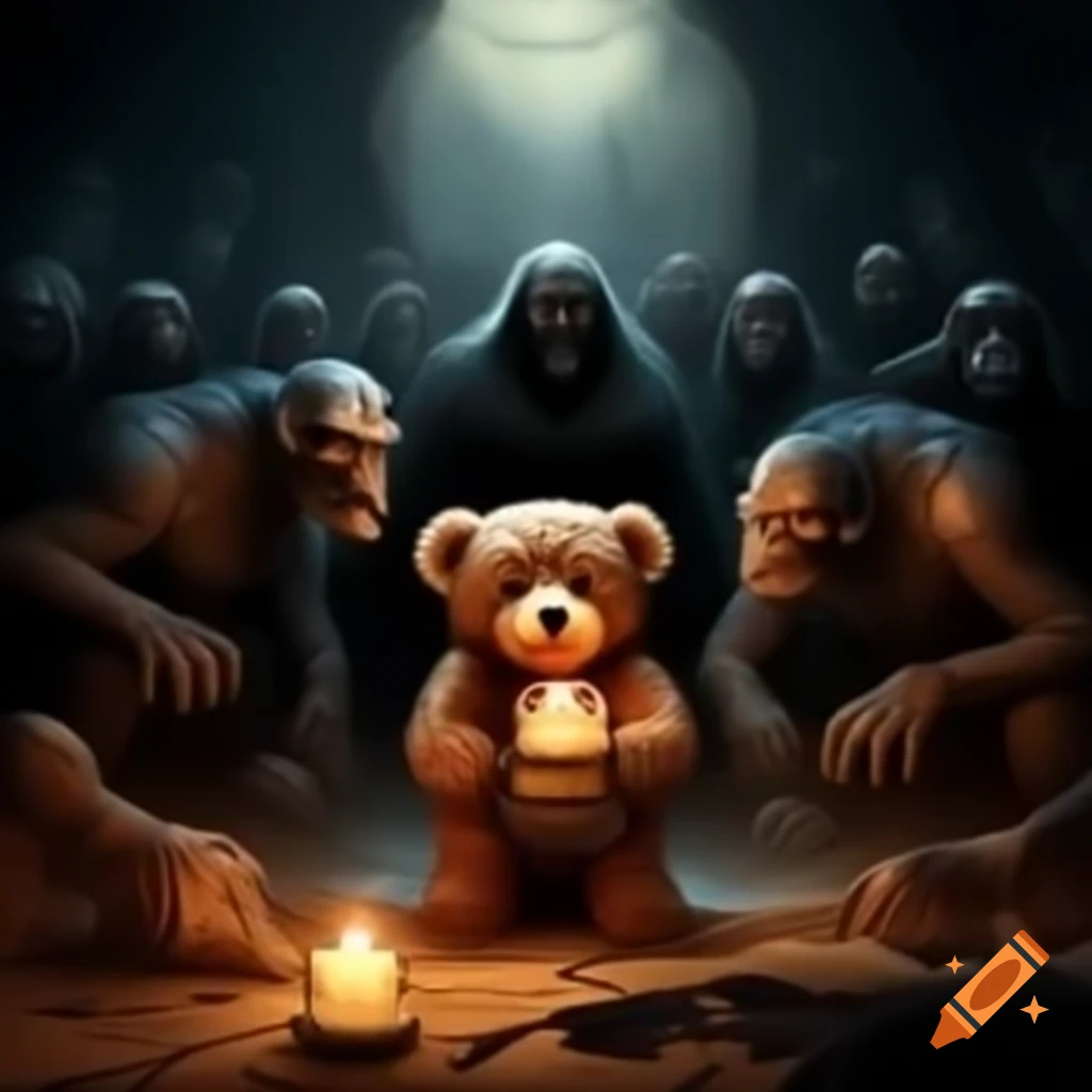 One-eyed teddy bear as a hero in zombie apocalypse holding a candle on ...