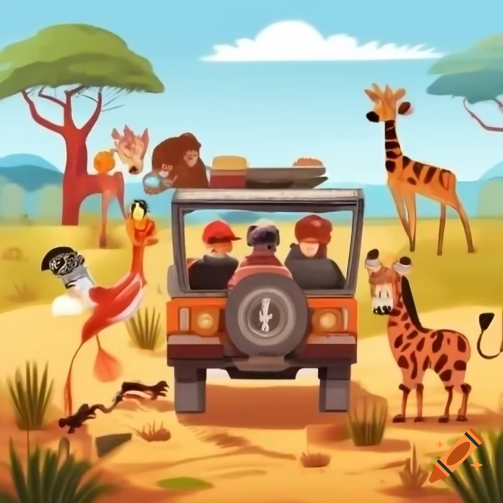 Kids on safari adventure in ranger jeep with various animals including ...