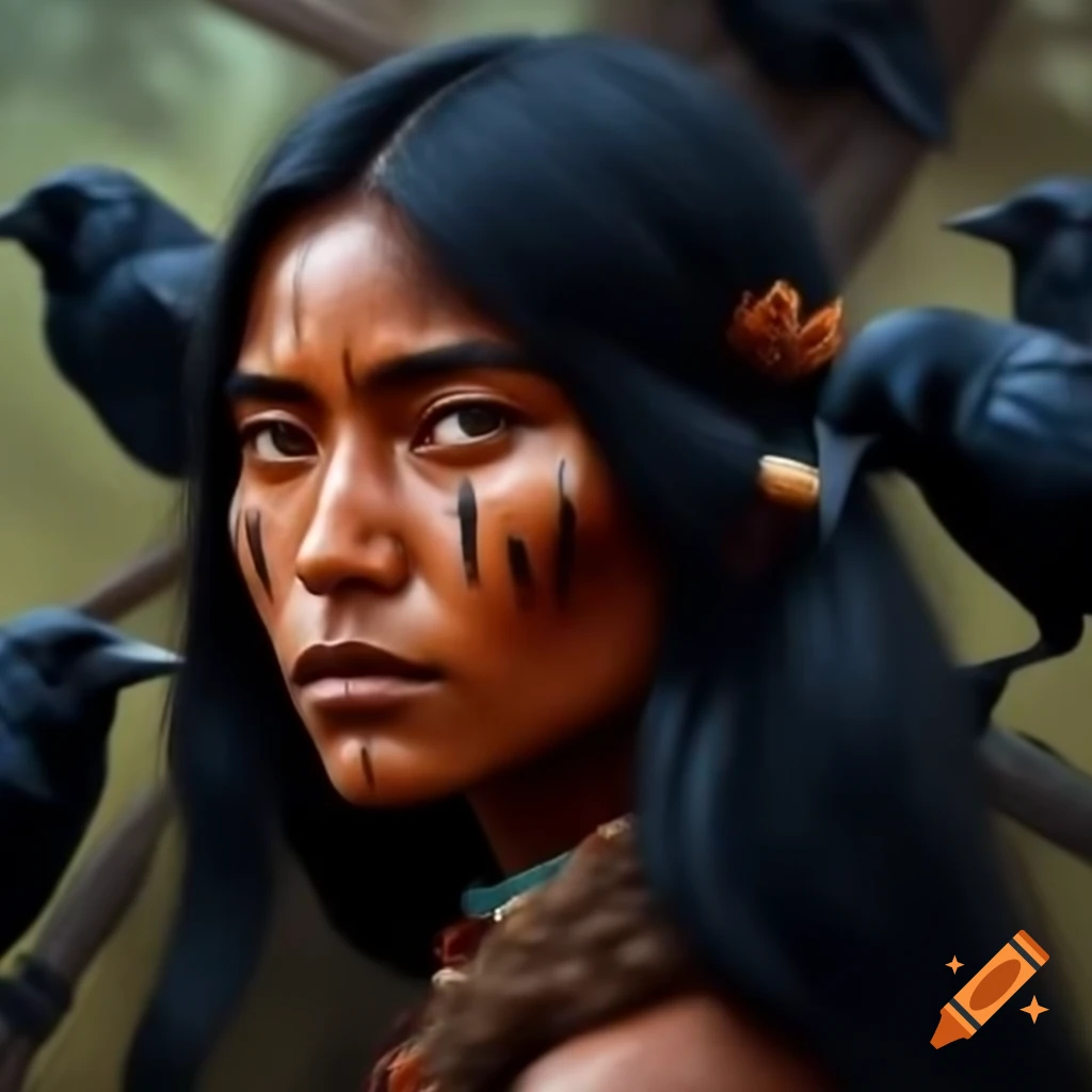 Indigenous woman with black hair and hazel eyes, crows in tree behind ...