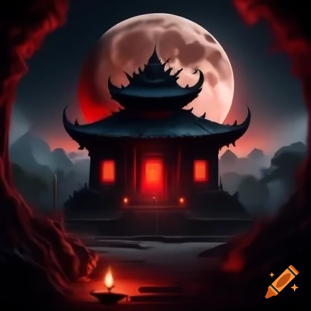 Derelict Daoist temple ruin under blood red moon, haunted atmosphere on ...