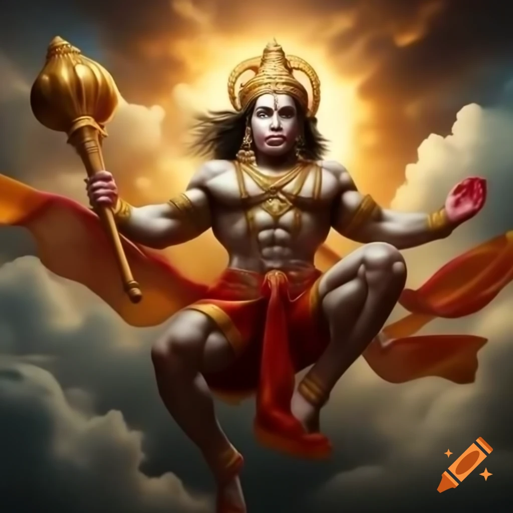 Powerful depiction of lord hanuman flying through the sky on Craiyon