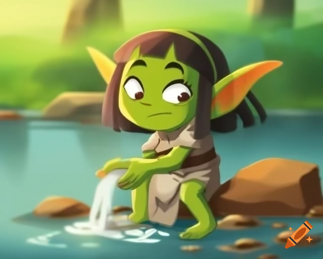 Green-skinned goblin girl washing clothes at a river in anime style on ...