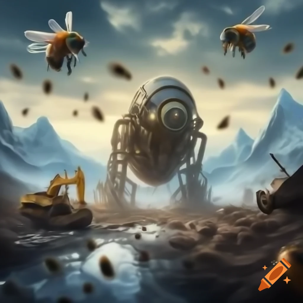 Clockwork bees swarming ice-capped mountains under stormy sky on Craiyon