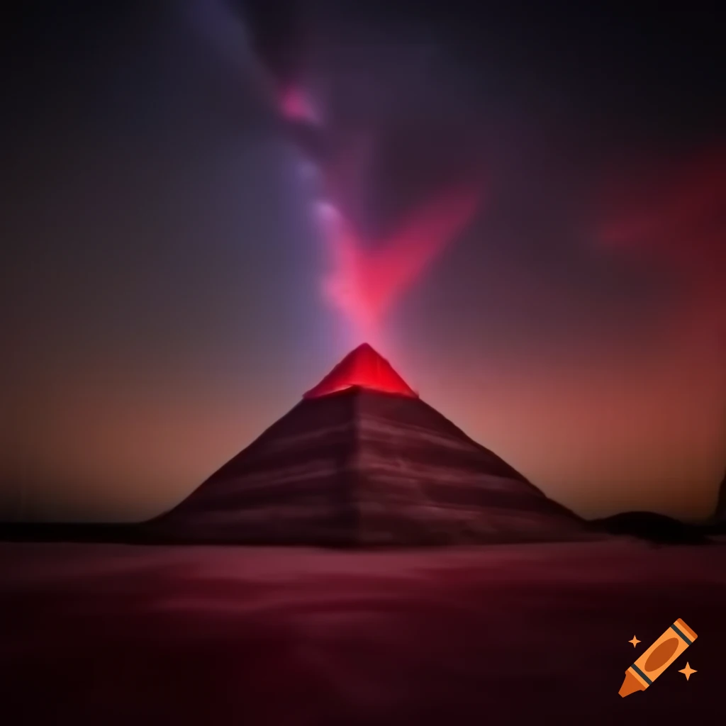 Pyramid illuminated by deep reds and purples, surrounded by dead red ...
