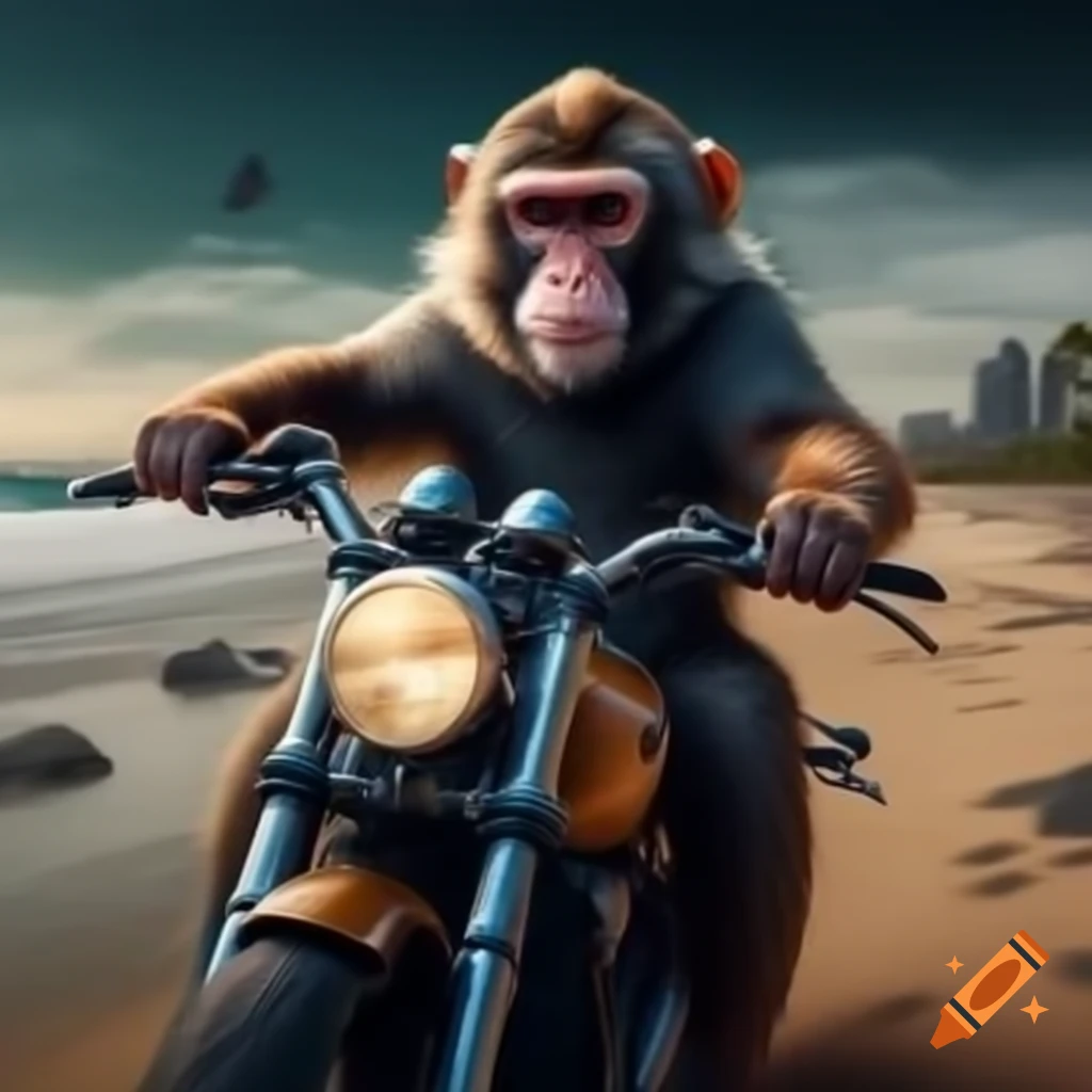 Monkey riding motorcycle on beach in space on Craiyon