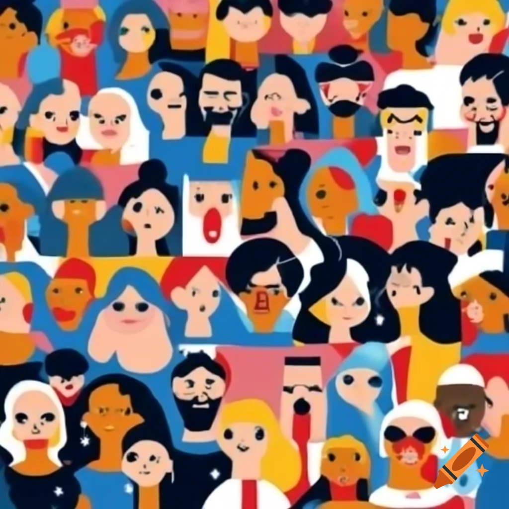 Cartoon-style depiction of diverse social and cultural stereotypes on ...