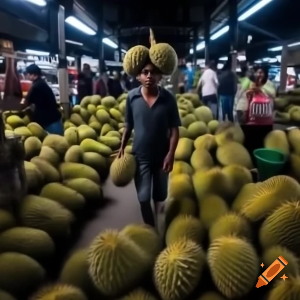 Man walking through bustling market with durian sellers in the morning ...